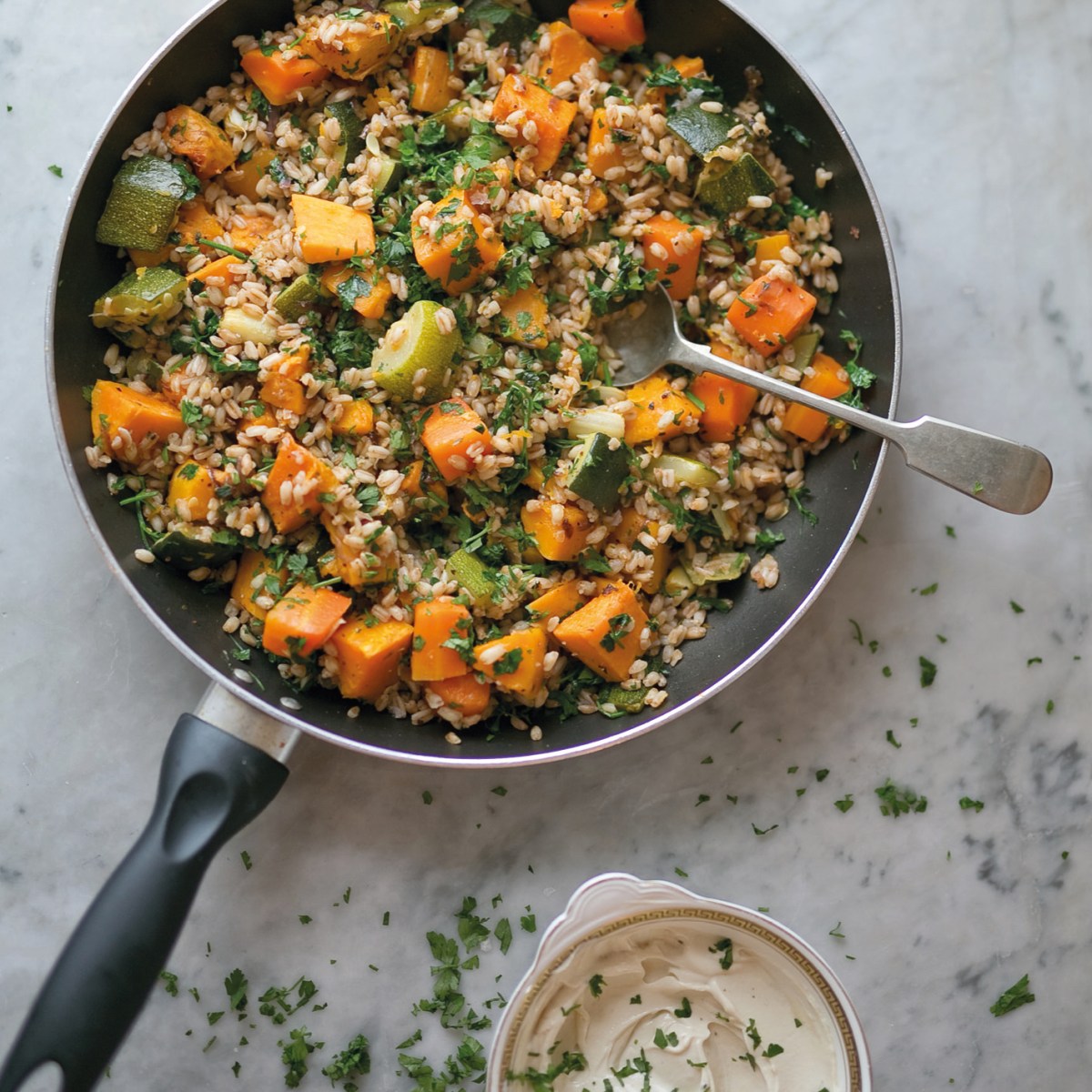 Pumpkin and Courgette with Pearled Spelt and a Tahini Yoghurt and Lemon Dip